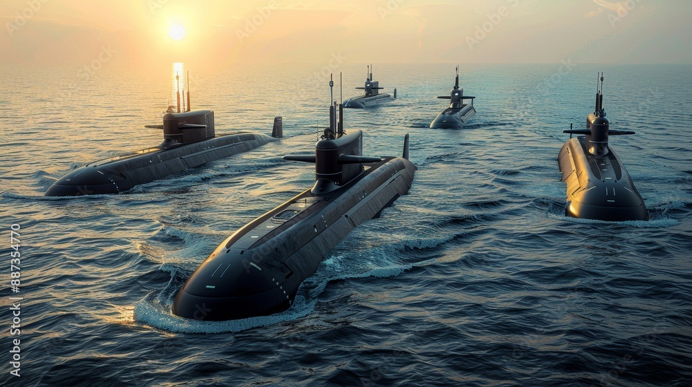 Naval submarines on the surface of the ocean. Nuclear-powered ...