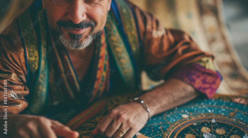 Fortune teller man with a captivating mysterious smile, wearing ...