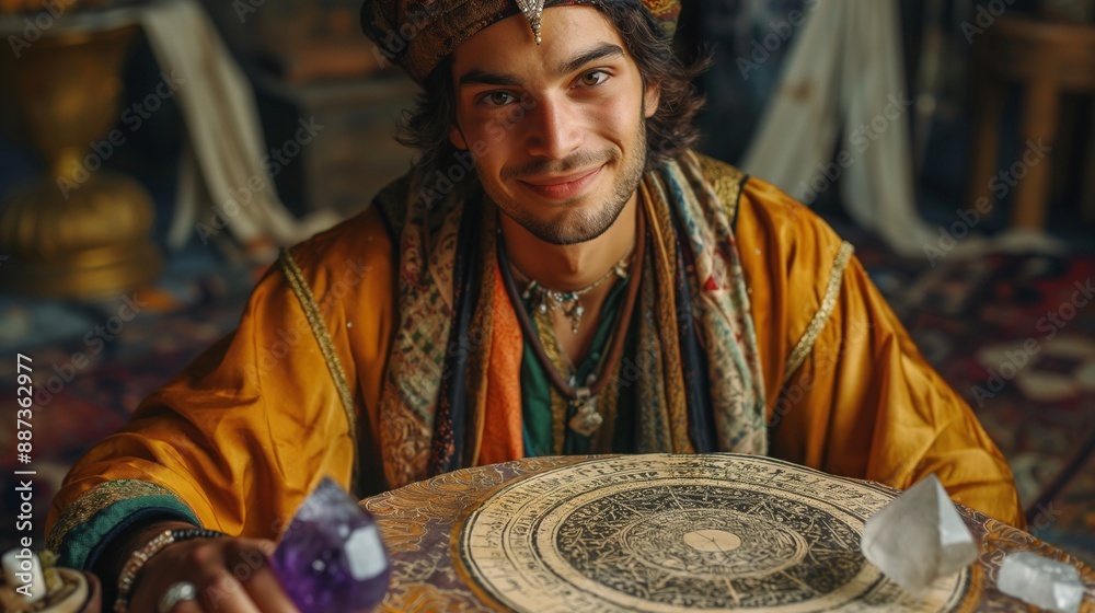Mystical male fortune teller in ethnic attire smiling mysteriously at ...