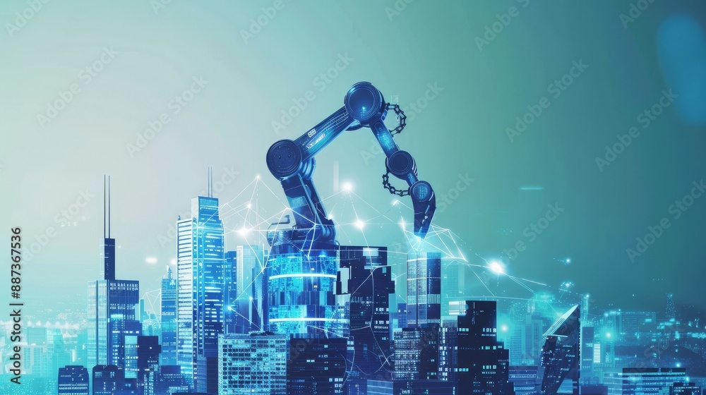 concept of industry 4.0 or internet of things (IOT), graphic of robotic ...