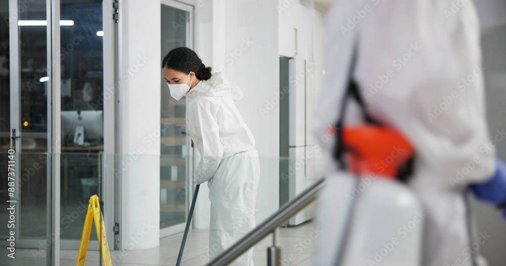 Woman, cleaner and mopping for hygiene, fresh and disinfectant for ...