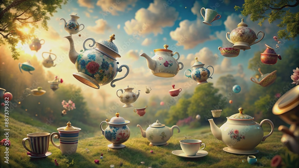 Scene from Alice in Wonderland with flying teapots and cups, tea party ...