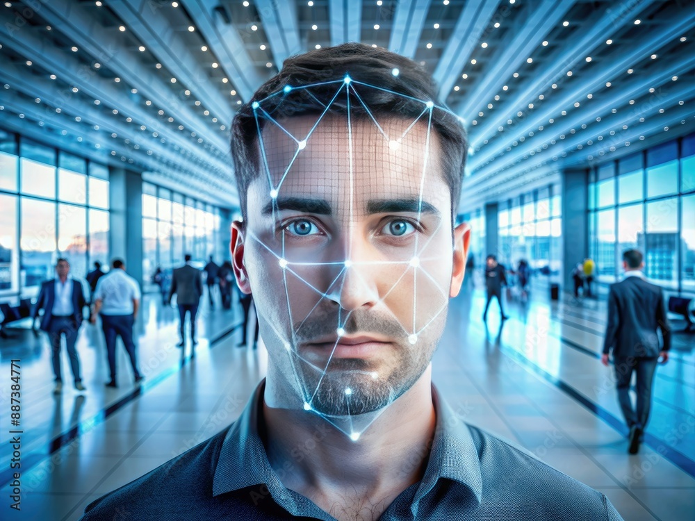 Airport terminal with futuristic facial recognition technology depicted ...
