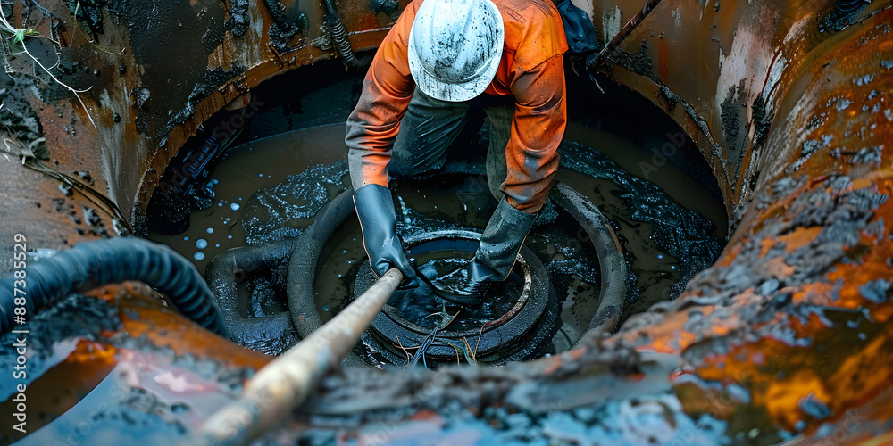 Man cleaning septic tank for sewage removal service. Concept Septic ...