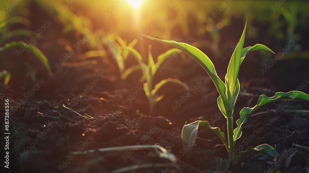 Maize seedling in cultivated agricultural field with graphic concepts ...