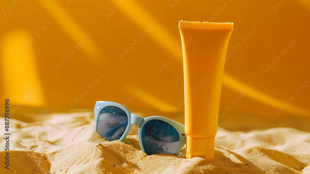 Sunblock lotion tubes and sunglasses on sandy beach background Summer ...