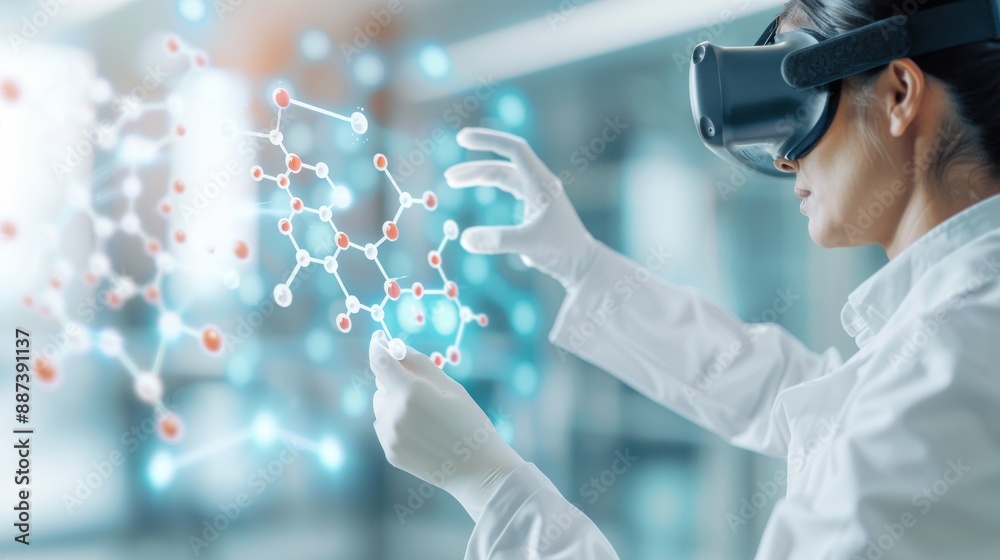 Scientist manipulating 3D molecular structure of biodegradable plastic ...