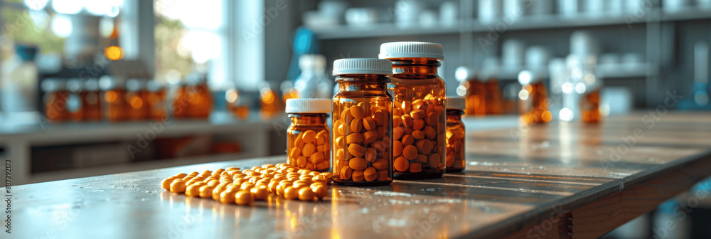 medicine bottles and pills on laboratory table with blurred science lab ...