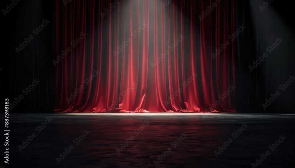 Grand theater stage featuring a luxurious red curtain, spotlighted in ...