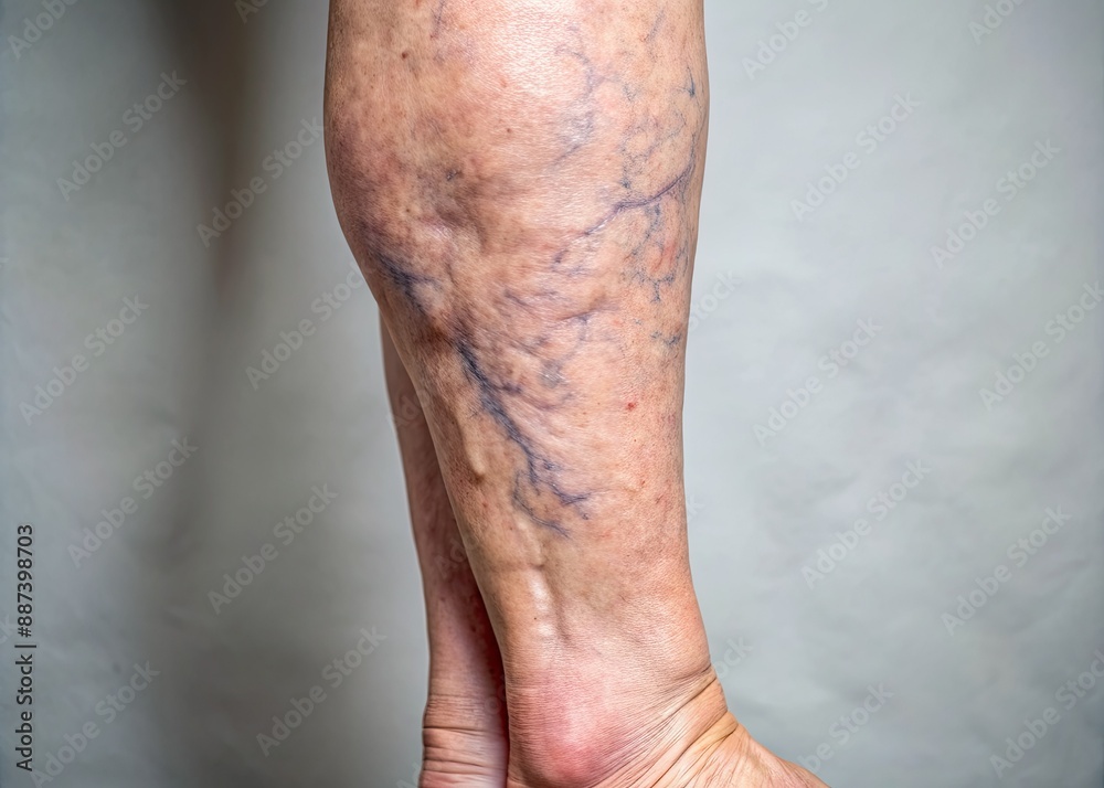 Close-up of a leg revealing severely swollen and twisted varicose veins ...