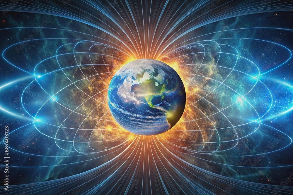 Magnetic field surrounding the Earth, showing lines of force, earth ...