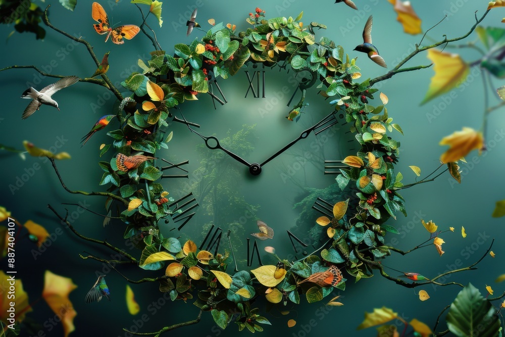 A clock face with the hands shaped like tree branches, surrounded by ...