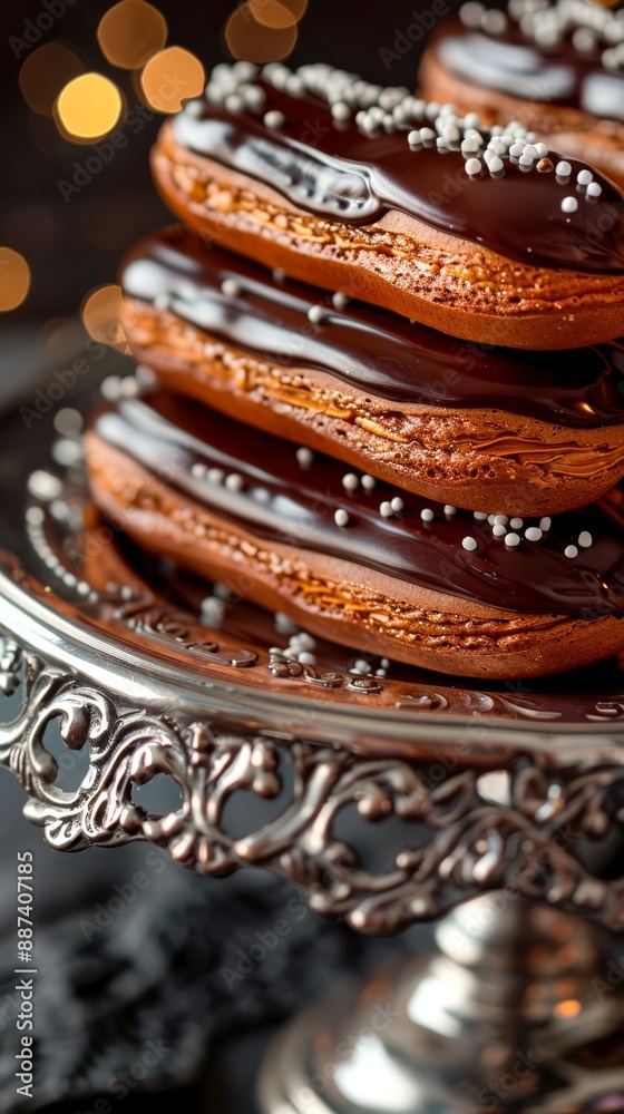 Elegant chocolate Eclairs displayed on a silver dessert stand against a ...