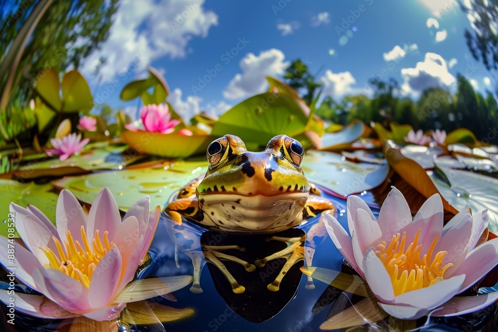 Fish-eye Lens Effect of a Frog with Its Eyes Wide Open - On a lily pad ...