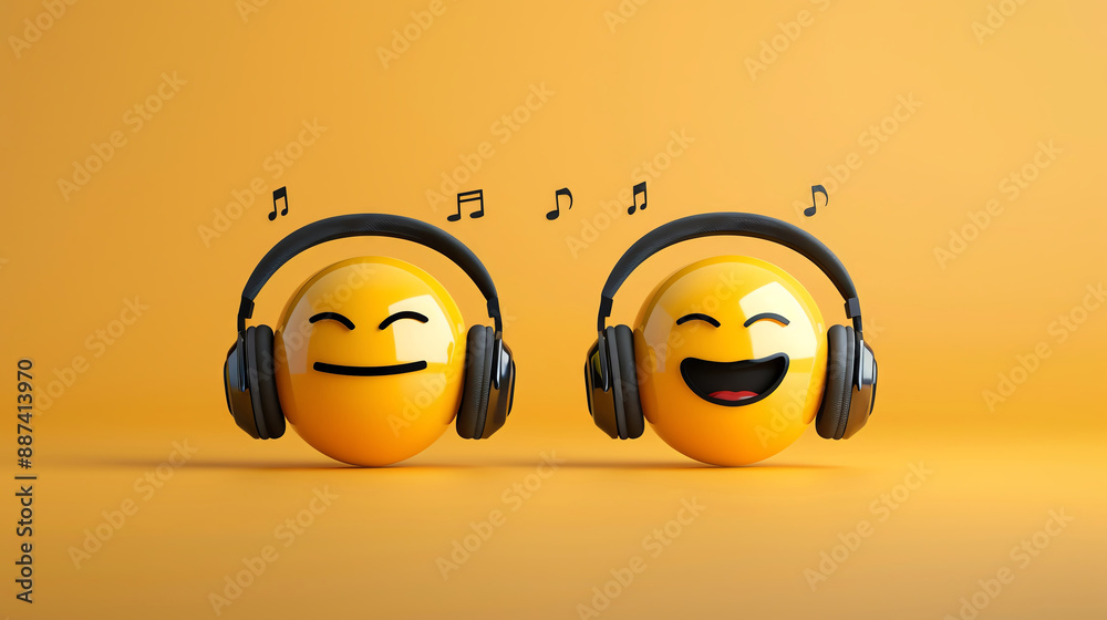 Three cute smiley face emojis wearing music headphones, dark yellow ...