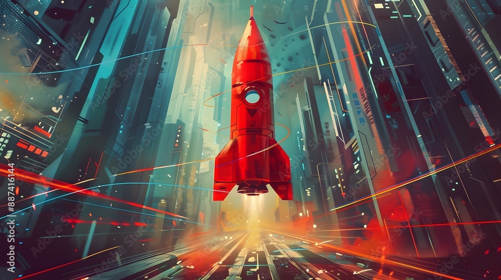 of a vibrant red rocket ship leading a defiant fleet through a striking ...