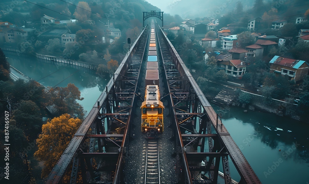 Dramatic shot of a cargo train crossing over a road or river bridge ...