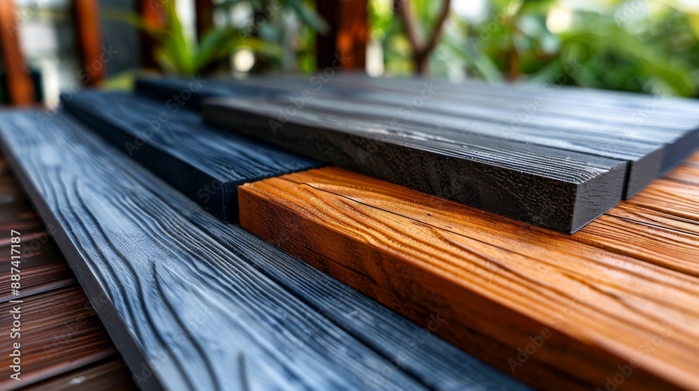 Set of composite decking boards, featuring wood-like textures and ...