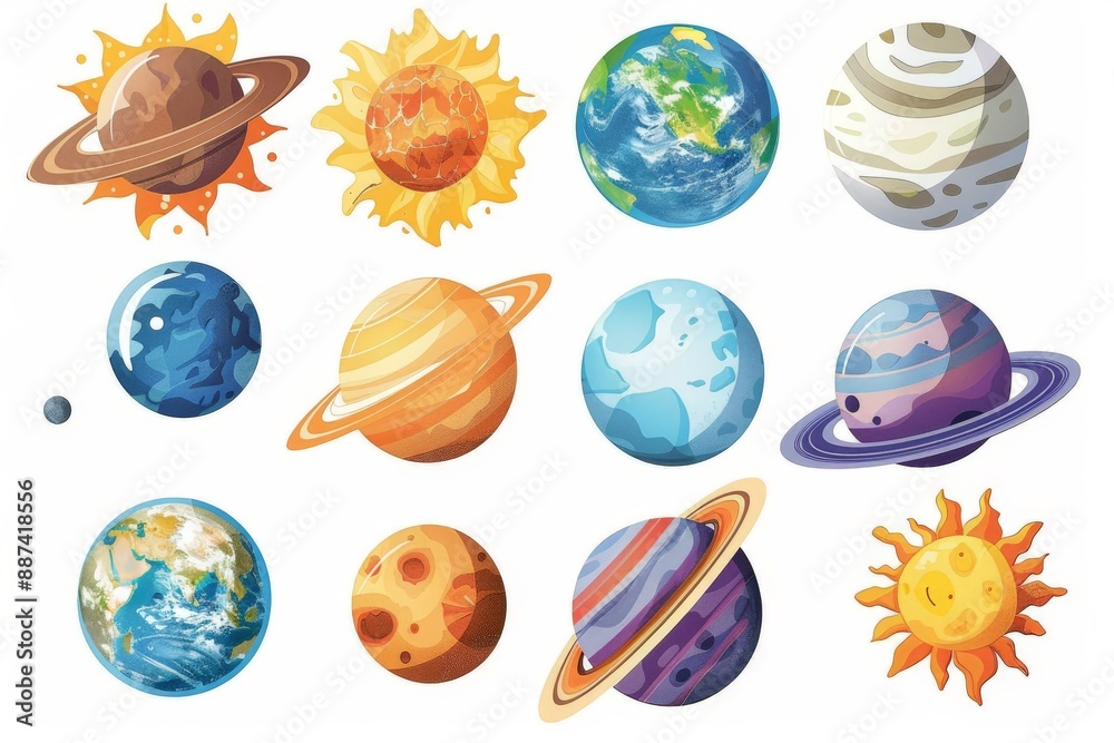 Solar System planets, Moon, Sun and comet icons isolated on white ...