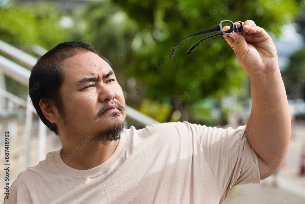 Asian middle aged man with eyesight issue, concept image of aging uncle ...