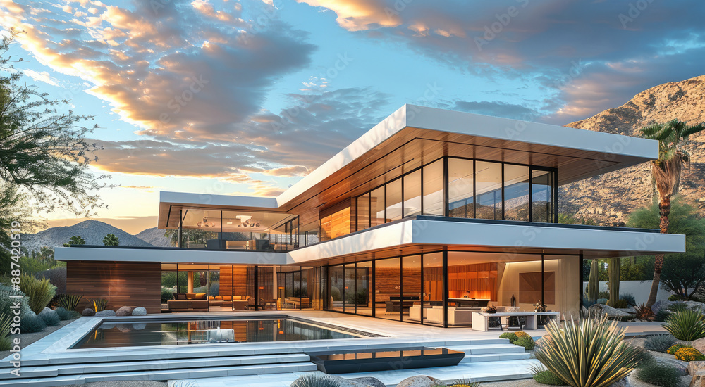 Modern clubhouse, vertical wood siding, multiple horizontal roof planes ...