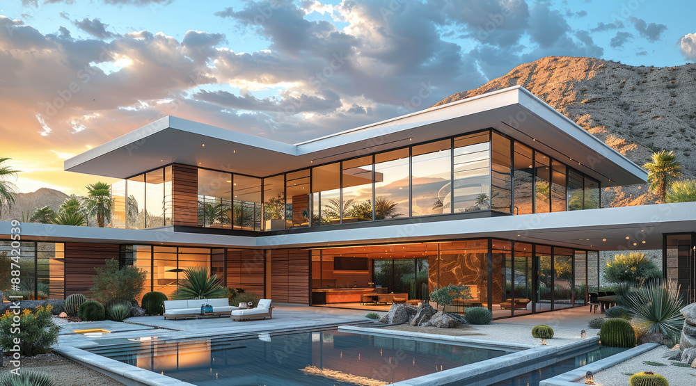 Modern clubhouse, vertical wood siding, multiple horizontal roof planes ...