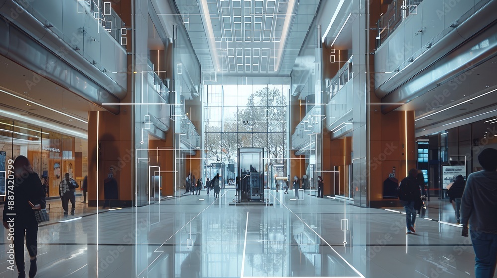 A security camera feed showing the lobby of a large, modern office ...