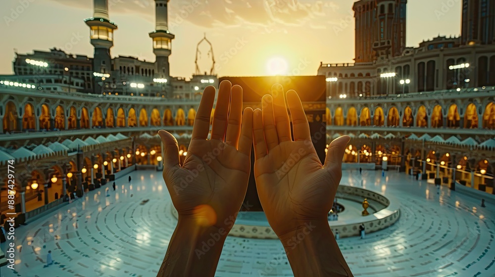 Muslim praying to Allah in front of Kaaba. Islam Iconic Mosque Al Haram ...