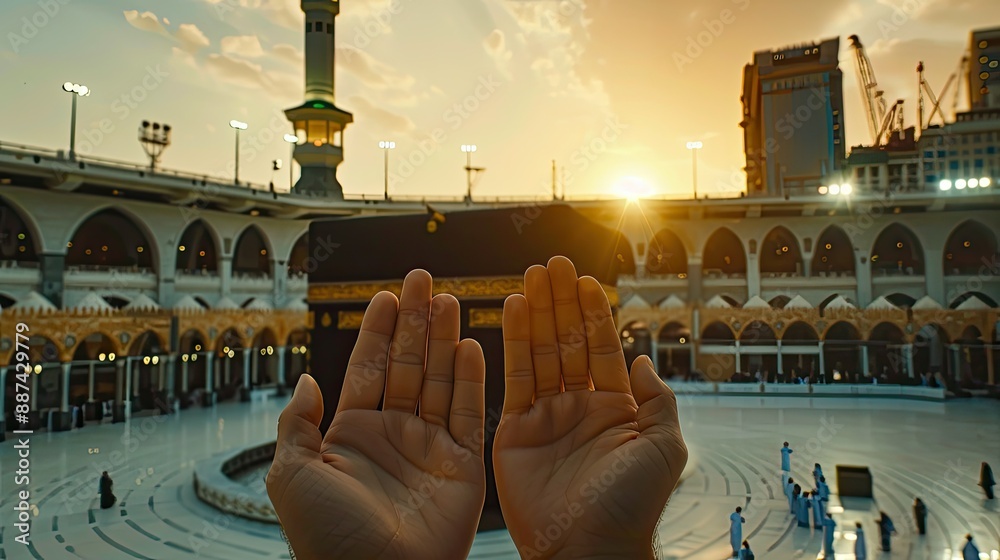 Muslim praying to Allah in front of Kaaba. Islam Iconic Mosque Al Haram ...
