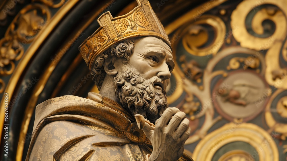 Ornate statue of Augustine of Hippo wearing a golden mitre and robe in ...