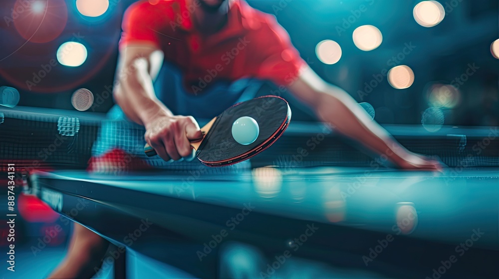 Table tennis player in action close-up photo. Ping pong horizontal ...