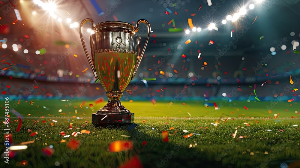 The champion cup stands on a green field at a football stadium with the ...