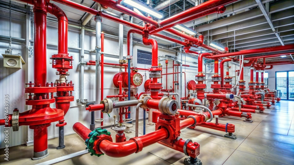 Industrial fire extinguishing room with complex piping system, valves ...