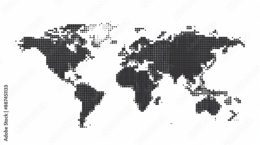 black and white, world map in pixel art with dots, europe and asia in ...