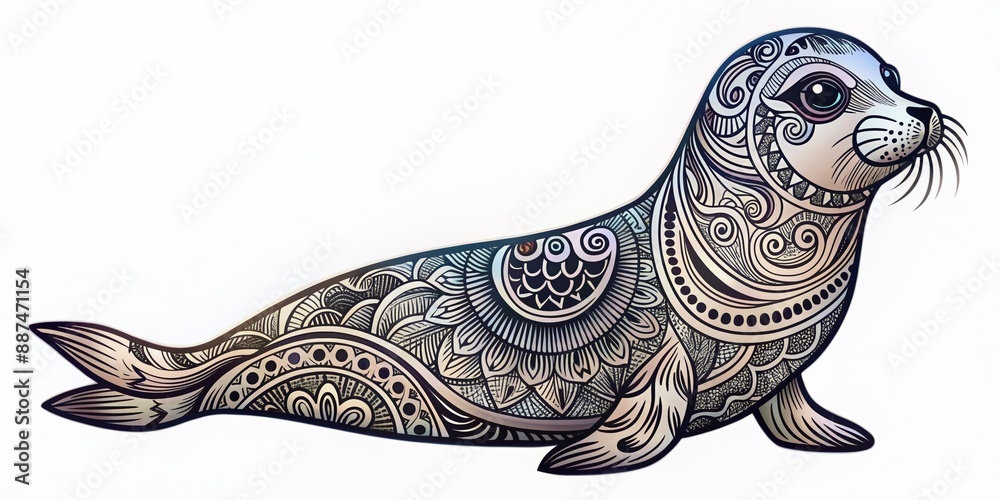 Stylized ink sketch silhouette of an adorable seal with intricate ...