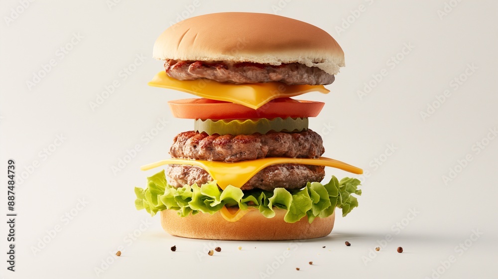 A deconstructed cheeseburger with layers of bun, beef patty, cheddar ...