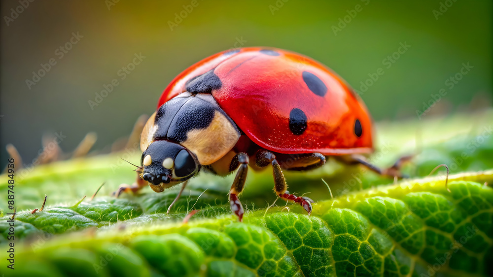 Close-up photo of a red ladybug with black spots Ladybug perched on a ...