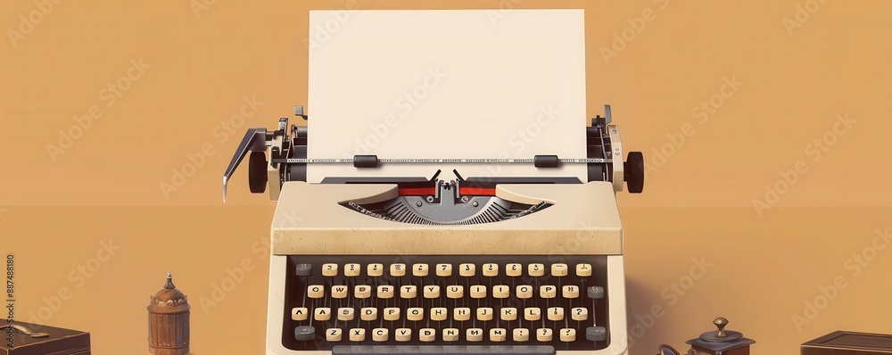 Vintage typewriter on a desk, ready to be used, light beige body and ...
