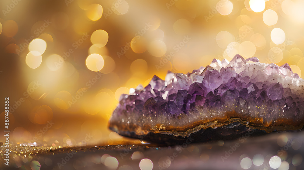 Amethyst geode showcased against golden bokeh background, beauty of the ...