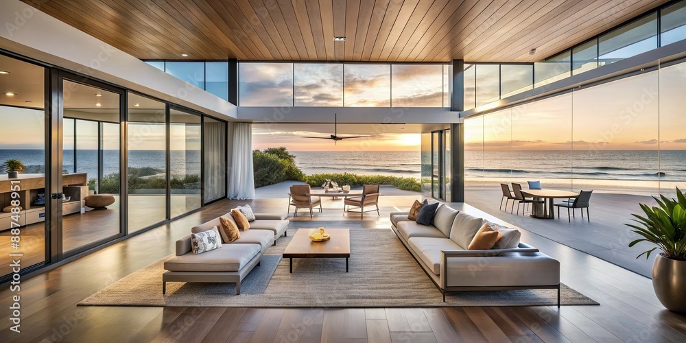 Sleek mid-century modern beach house features floor-to-ceiling windows ...