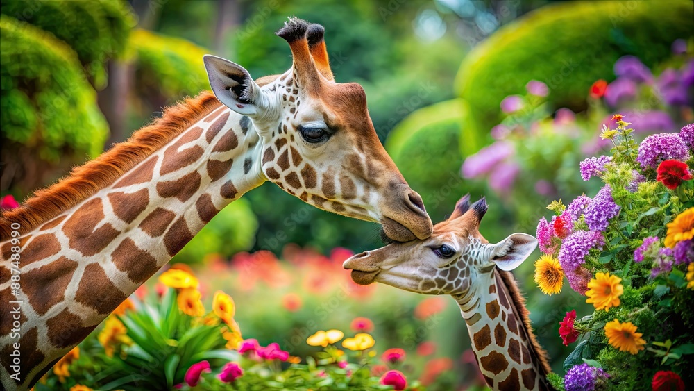 Adorable baby giraffe nuzzles its mother in a lush green garden filled ...