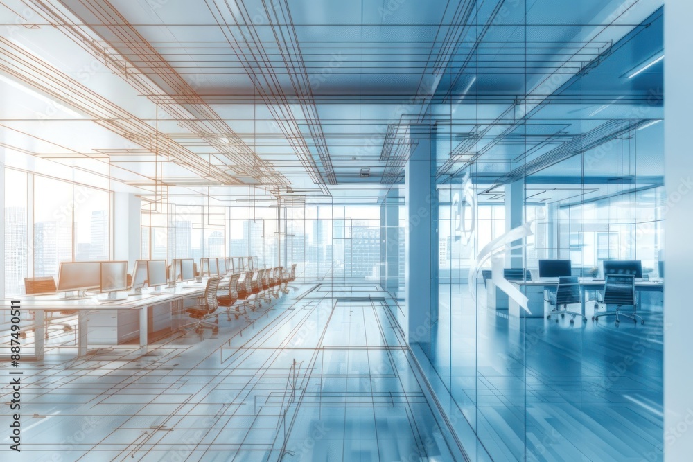 Modern office interior design transitioning from blueprint to finished ...