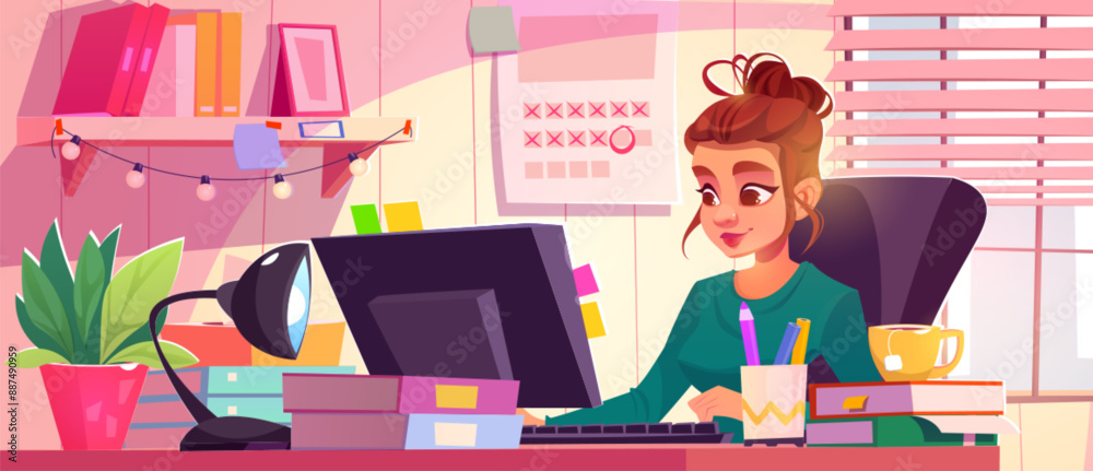 Remote work concept with young woman sitting at table with computer ...
