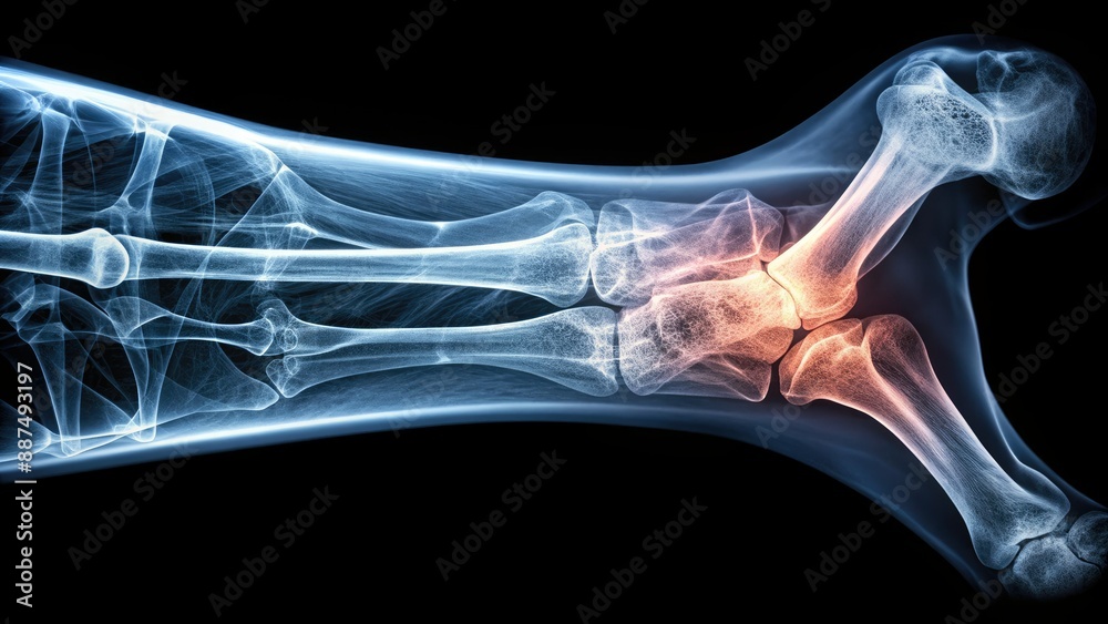 High-contrast X-ray image of a fractured femur bone with sharp ...