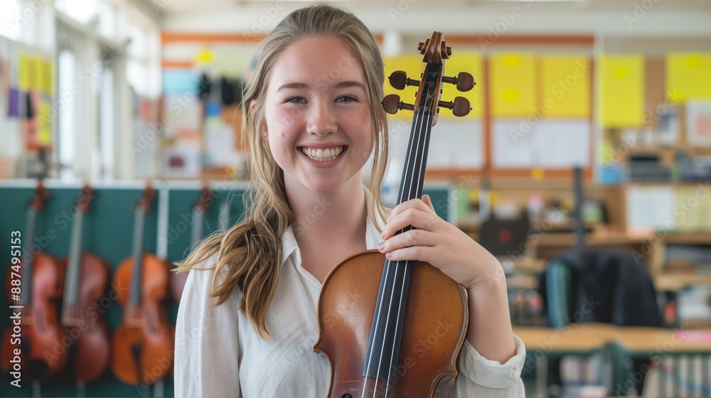 Enthusiastic Female Music Teacher Holding Musical Instrument in Music ...