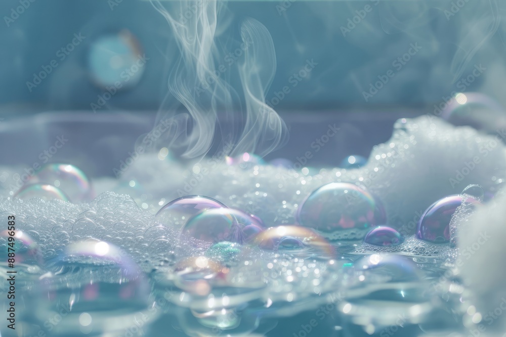 bubbles floating on the surface of a hot bubble bath, with steam rising ...