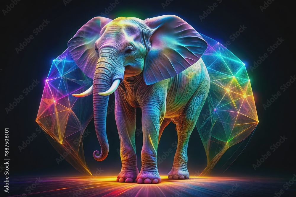 Ethereal elephant form emerges from darkness, neon contours tracing its ...