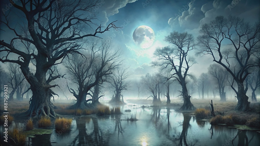 Moonscape in swamp with eerie mist and twisted trees, twisted, mist ...
