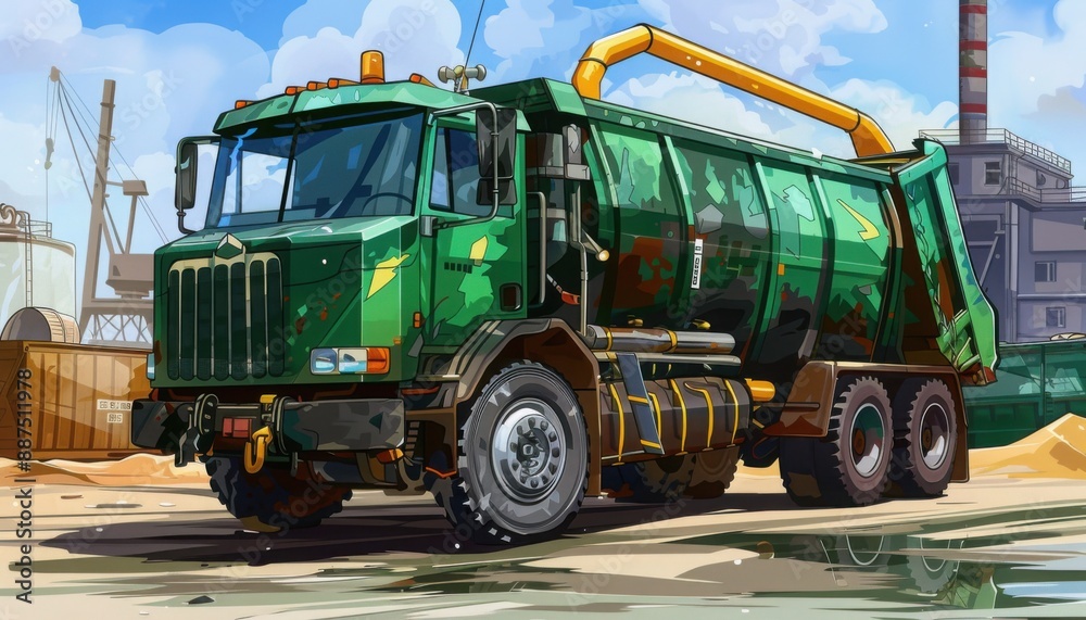 Modern green garbage truck with a front view, front angle of the ...
