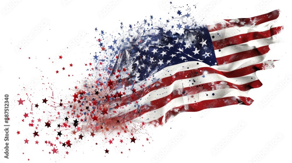 Dynamic image of an American flag disintegrating on one side with stars ...